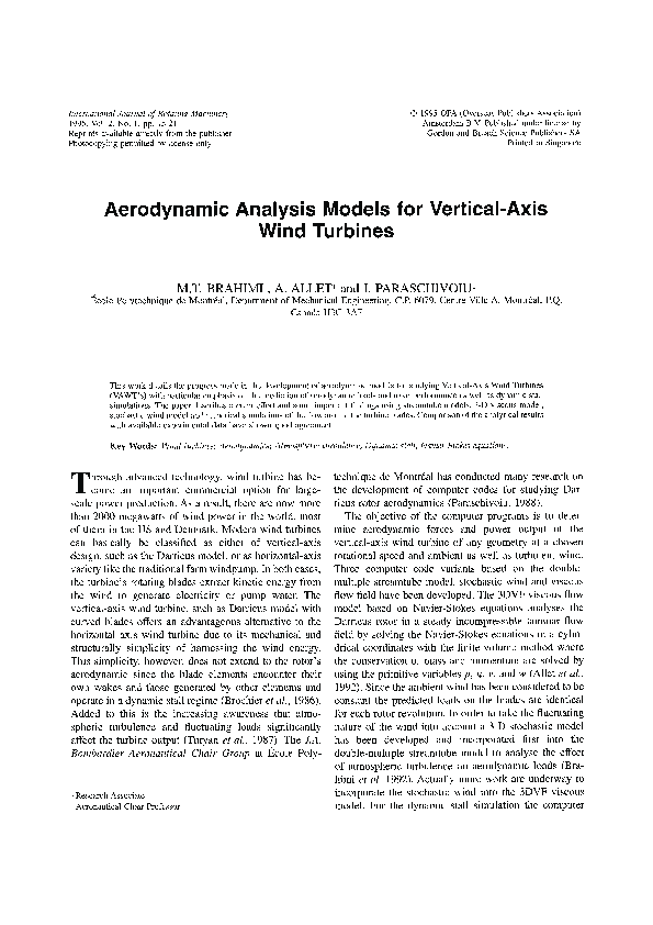 (PDF) Aerodynamic Analysis Models for Vertical-Axis Wind Turbines