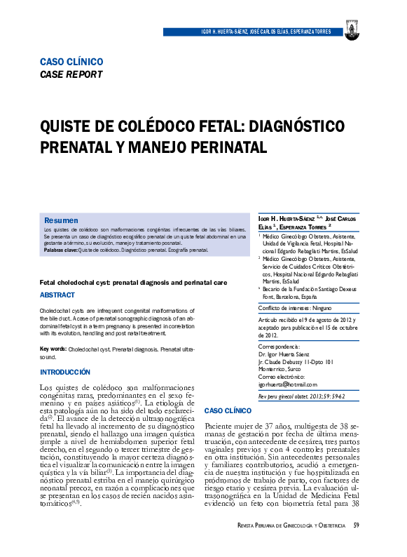 (PDF) Quiste de colédoco fetal: diagnóstico prenatal y manejo perinatal
