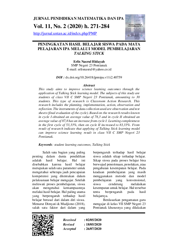 (PDF) Peningkatan Hasil Belajar Siswa Pada Mata Pelajaran Ipa Melalui Model Pembelajaran Talking ...
