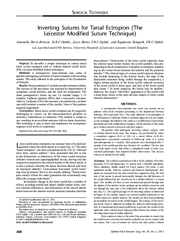 (PDF) Inverting Sutures for Tarsal Ectropion (The Leicester Modified ...