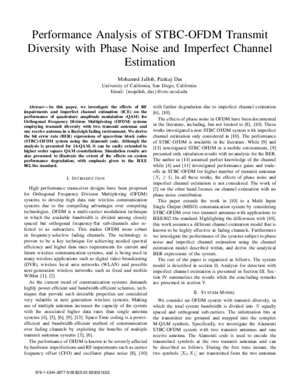 (PDF) Performance analysis of STBC-OFDM transmit diversity with phase noise and imperfect ...