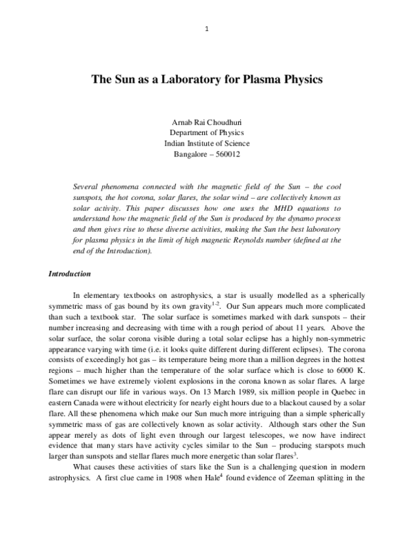 (PDF) The Sun as a Laboratory for Plasma Physics