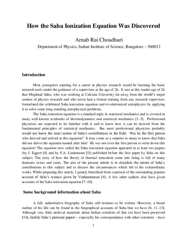 (PDF) How the Saha Ionization Equation Was Discovered