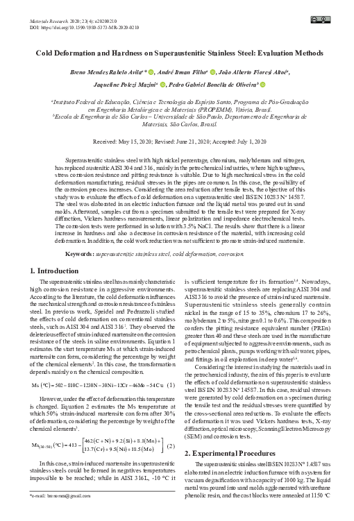 (PDF) Cold Deformation and Hardness on Superaustenitic Stainless Steel ...