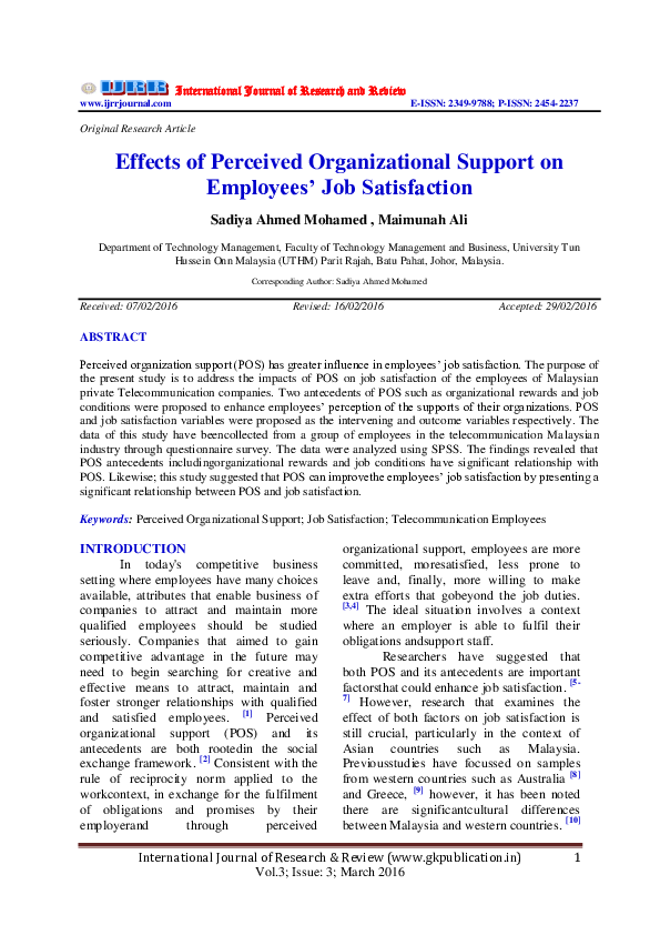 (PDF) Effects of Perceived Organizational Support on Employees' Job ...