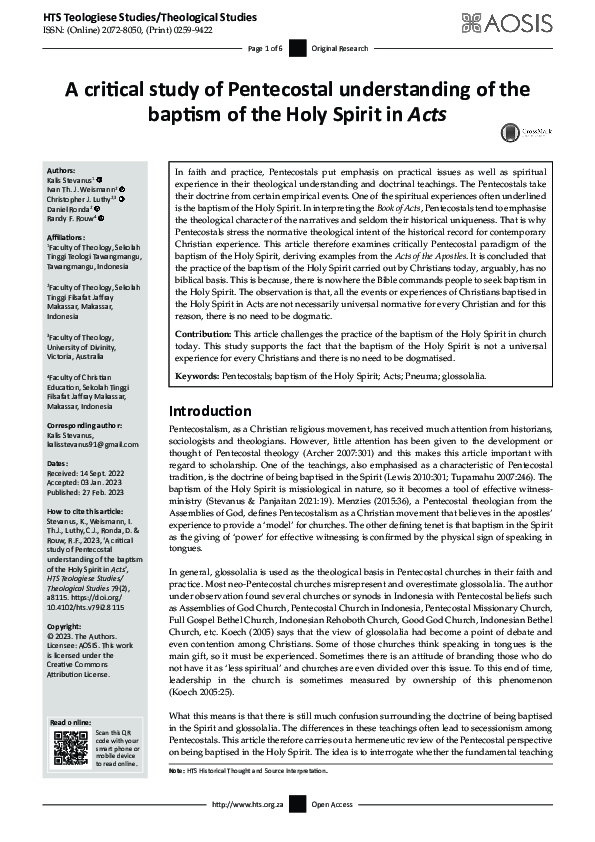 (PDF) A critical study of Pentecostal understanding of the baptism of the Holy Spirit in Acts