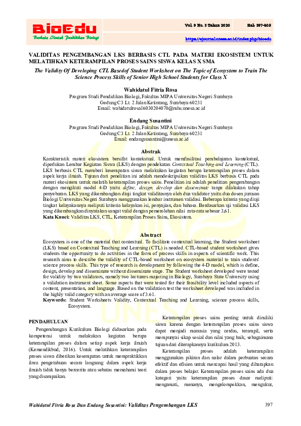 (PDF) Validitas Pengembangan LKS Berbasis CTL pada Materi Ekosistem untuk Melatihkan ...