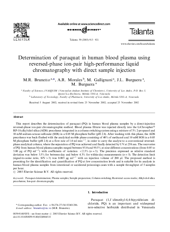 (PDF) Determination of paraquat in human blood plasma using reversed ...