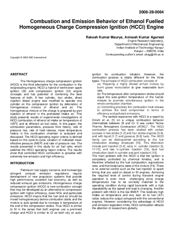 (PDF) Combustion and Emission Behavior of Ethanol Fuelled Homogeneous ...