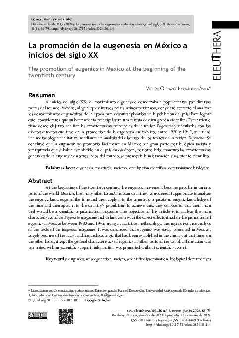 (PDF) La promoción de la eugenesia en México a inicios del siglo XX The ...