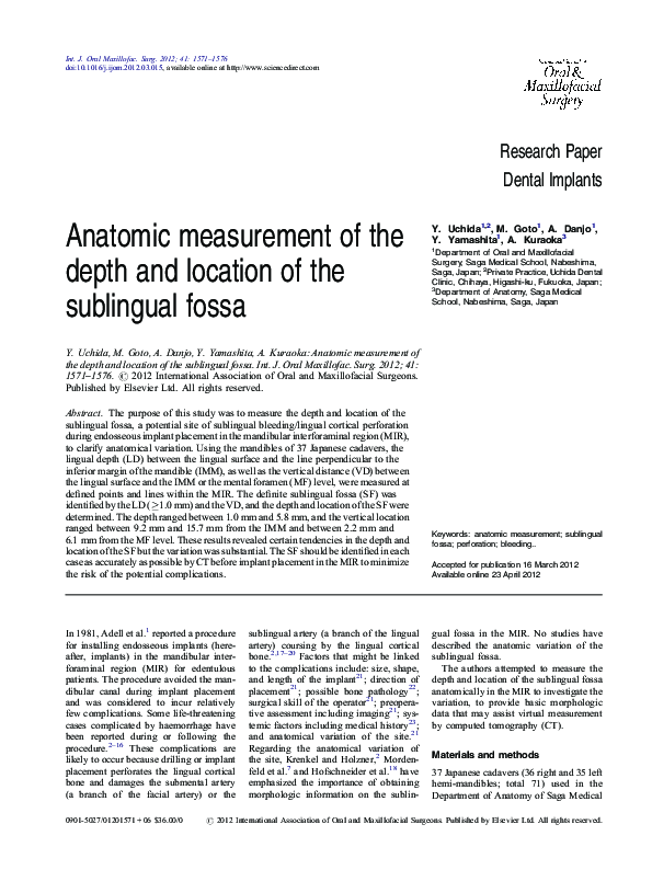 (PDF) Anatomic measurement of the depth and location of the sublingual fossa | Atsushi Danjo ...