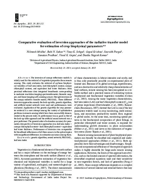 (PDF) Comparative Evaluation of Inversion Approaches of the Radiative Transfer Model for ...