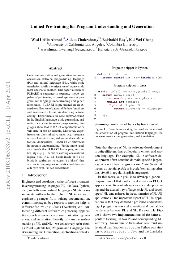 (PDF) Unified Pre-training for Program Understanding and Generation