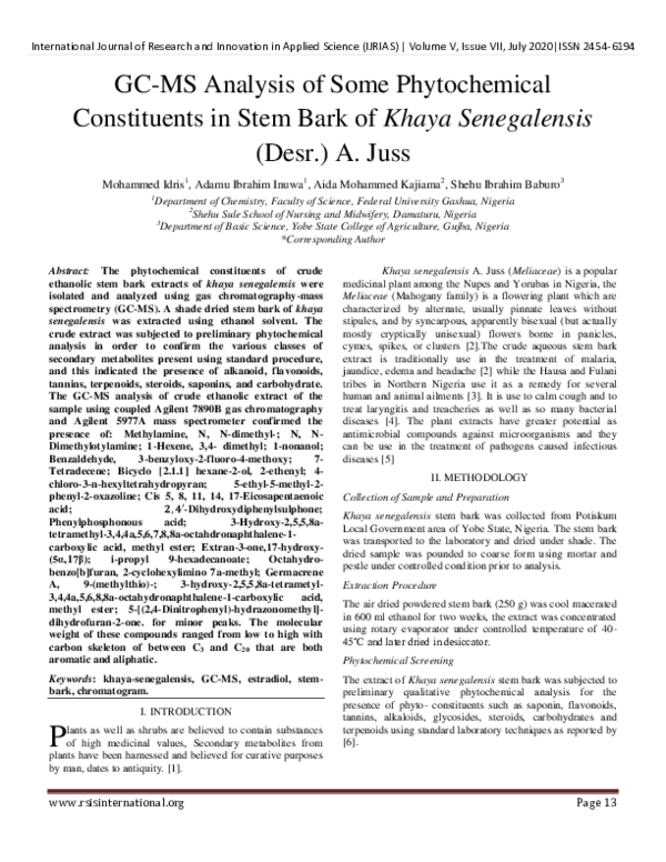 (PDF) GC-MS Analysis of Some Phytochemical Constituents in Stem Bark of Khaya Senegalensis (Desr ...