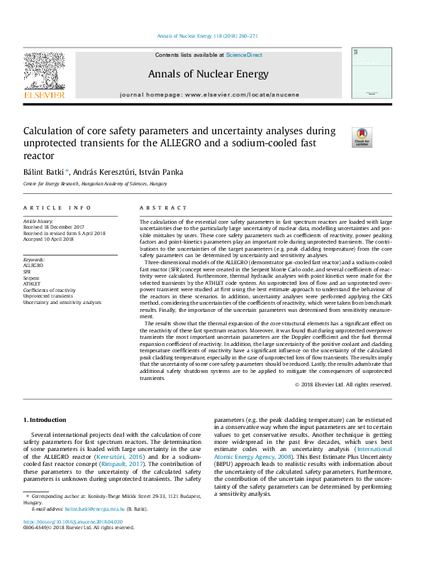 (PDF) Calculation of core safety parameters and uncertainty analyses during unprotected ...