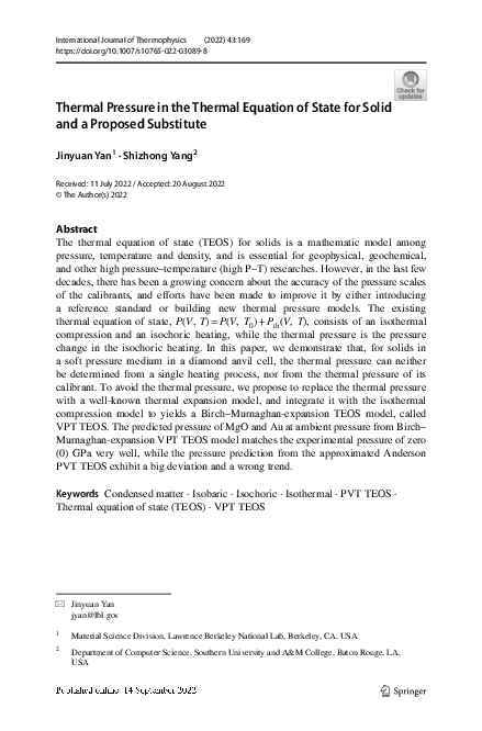 (PDF) Thermal Pressure in the Thermal Equation of State for Solid and a ...