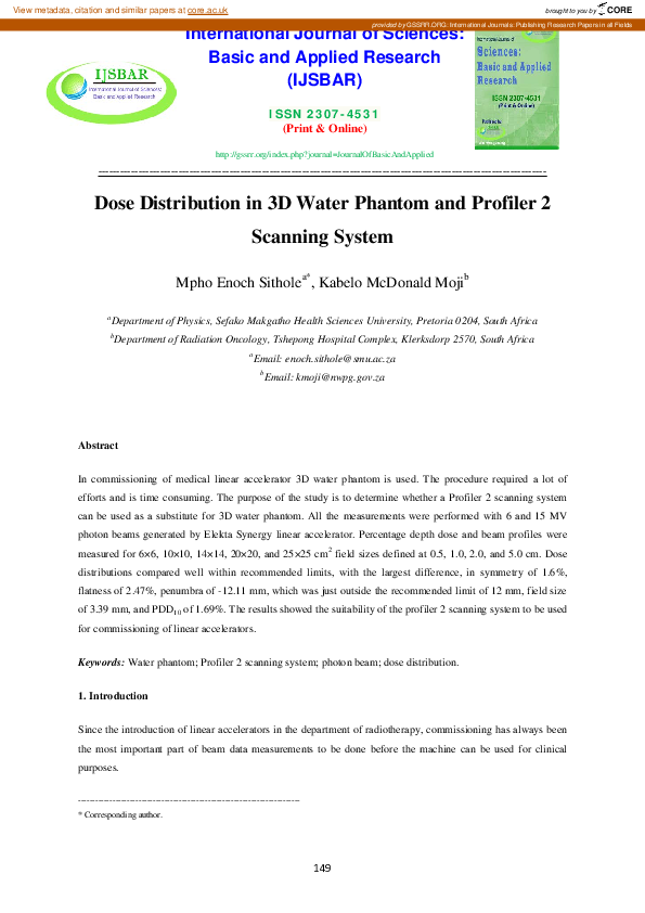 (PDF) Dose Distribution in 3D Water Phantom and Profiler 2 Scanning System