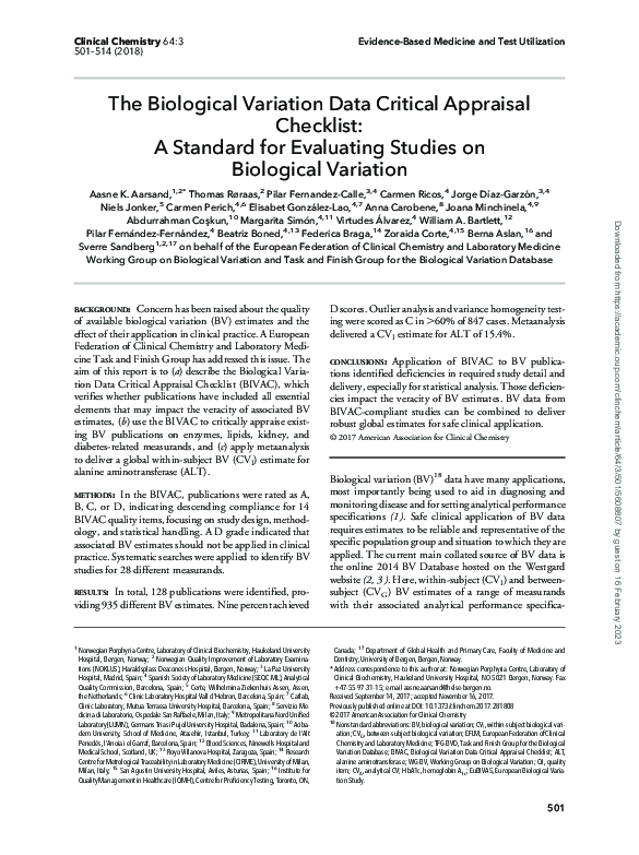 (PDF) The Biological Variation Data Critical Appraisal Checklist:A ...