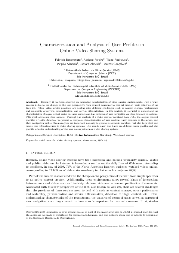 (PDF) Characterization and analysis of user profiles in online video sharing systems