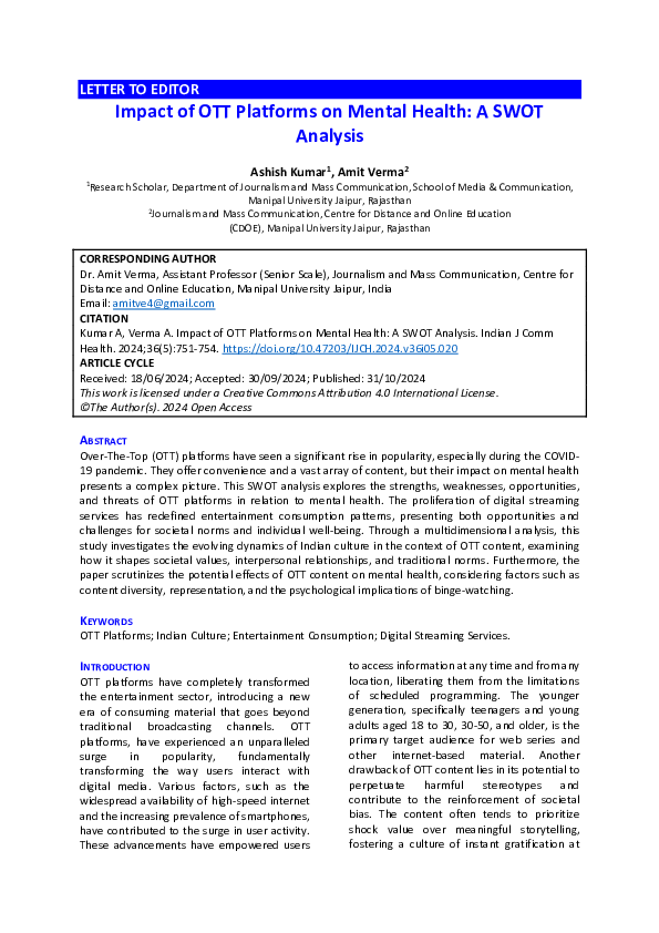 (PDF) Impact of OTT Platforms on Mental Health: A SWOT Analysis