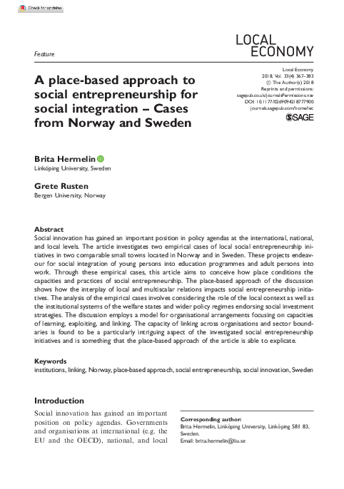 (PDF) A place-based approach to social entrepreneurship for social integration – Cases from ...