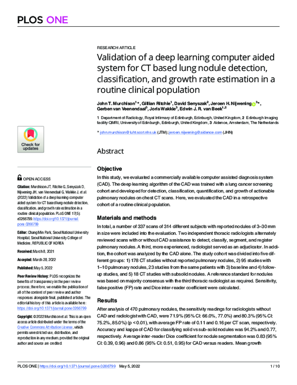 Pdf Validation Of A Deep Learning Computer Aided System For Ct Based Lung Nodule Detection