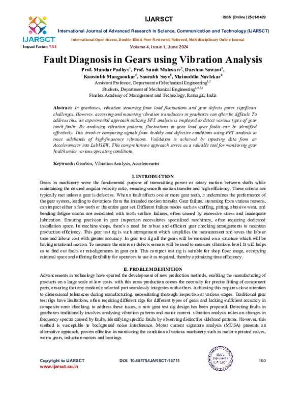 (PDF) Fault Diagnosis in Gears using Vibration Analysis