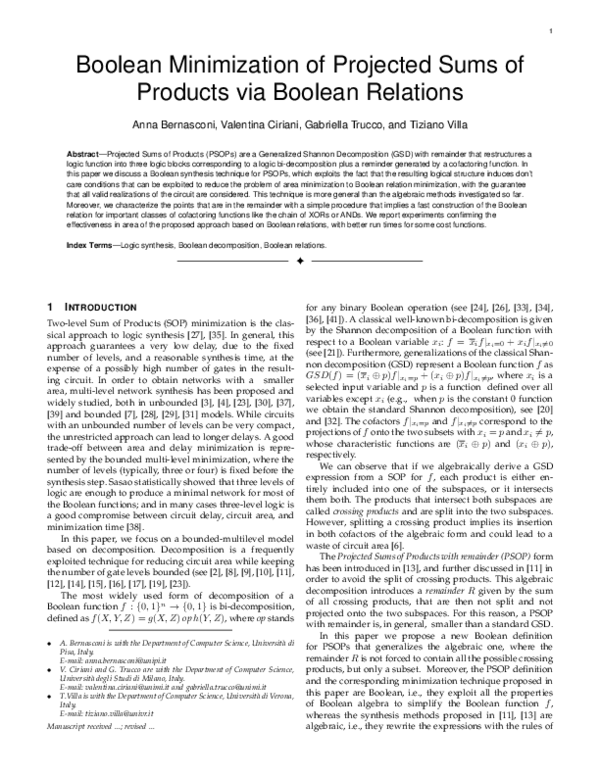 (PDF) Boolean Minimization of Projected Sums of Products via Boolean Relations