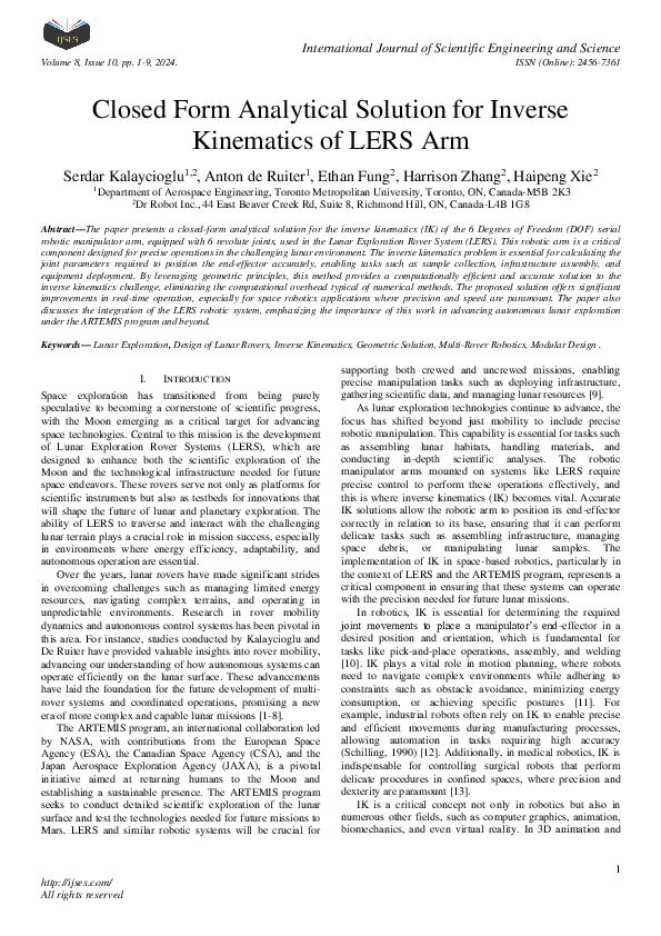 (PDF) Closed Form Analytical Solution for Inverse Kinematics of LERS Arm