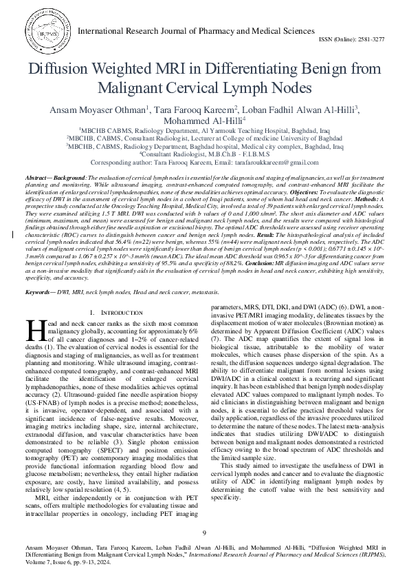 (PDF) Diffusion Weighted MRI in Differentiating Benign from Malignant Cervical Lymph Nodes