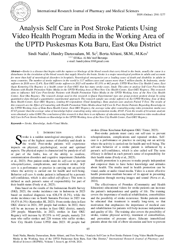 (PDF) Analysis Self Care in Post Stroke Patients Using Video Health Program Media in the Working ...