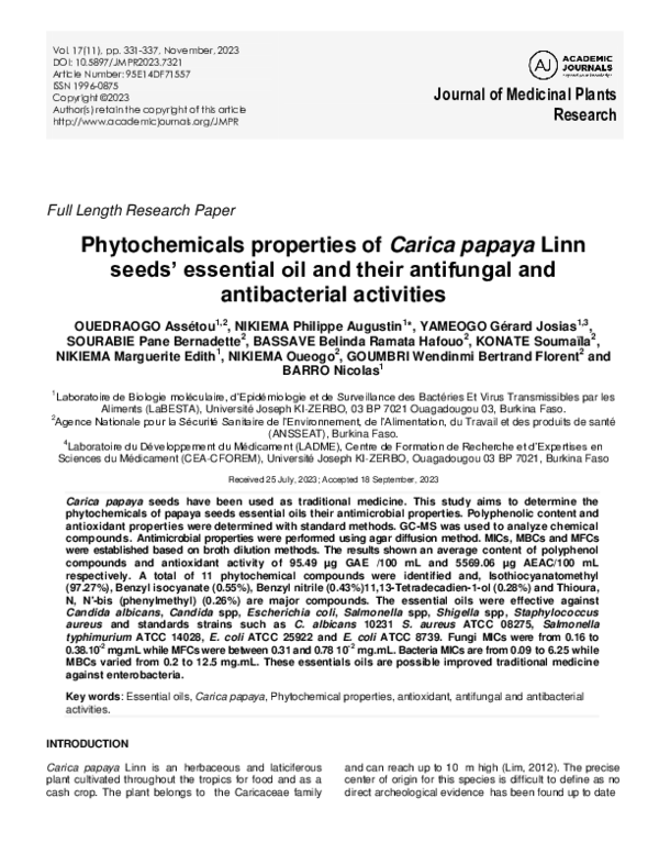 (PDF) Phytochemicals properties of Carica papaya Linn seeds essential oil and their antifungal ...