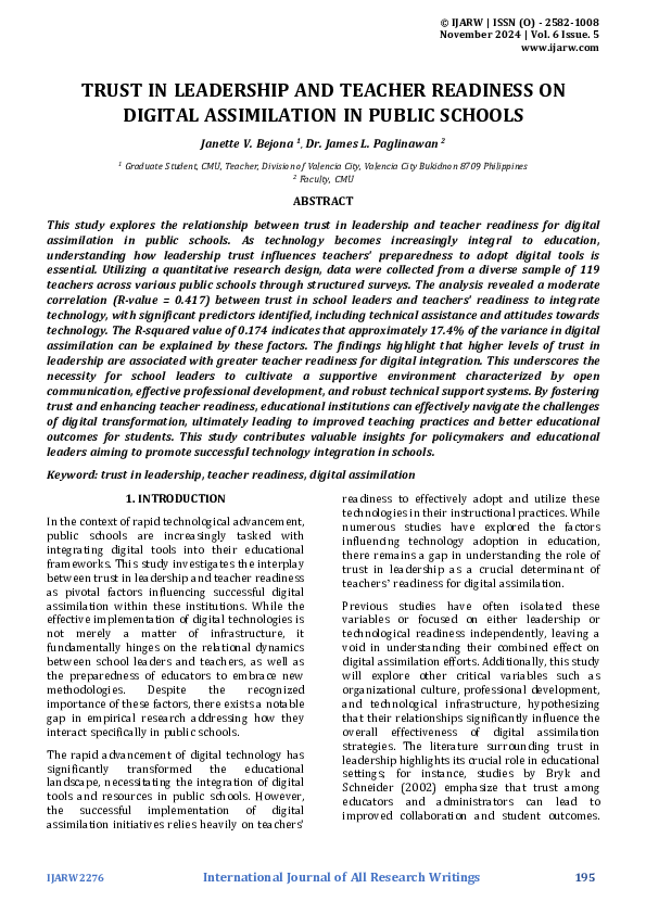 (PDF) TRUST IN LEADERSHIP AND TEACHER READINESS ON DIGITAL ASSIMILATION IN PUBLIC SCHOOLS