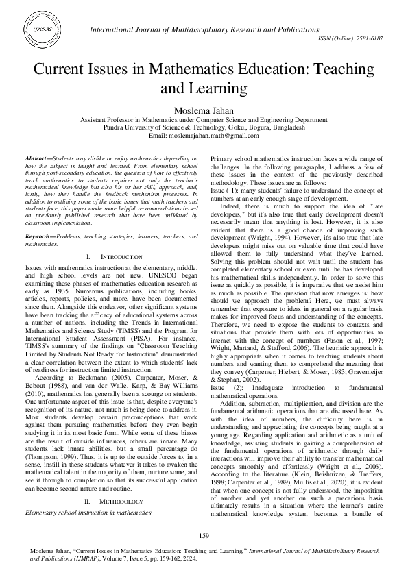 (PDF) Current Issues in Mathematics Education: Teaching and Learning