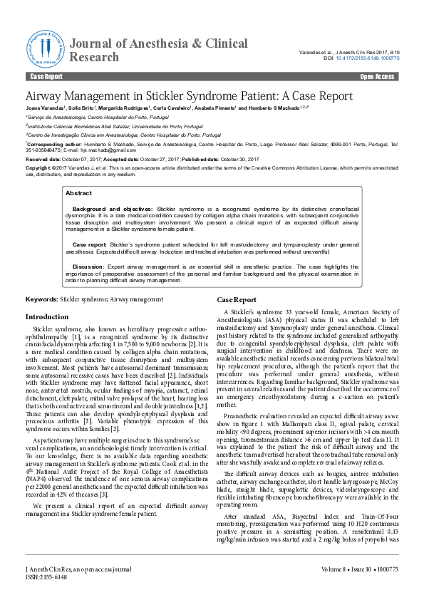 (PDF) Airway Management in Stickler Syndrome Patient: A Case Report