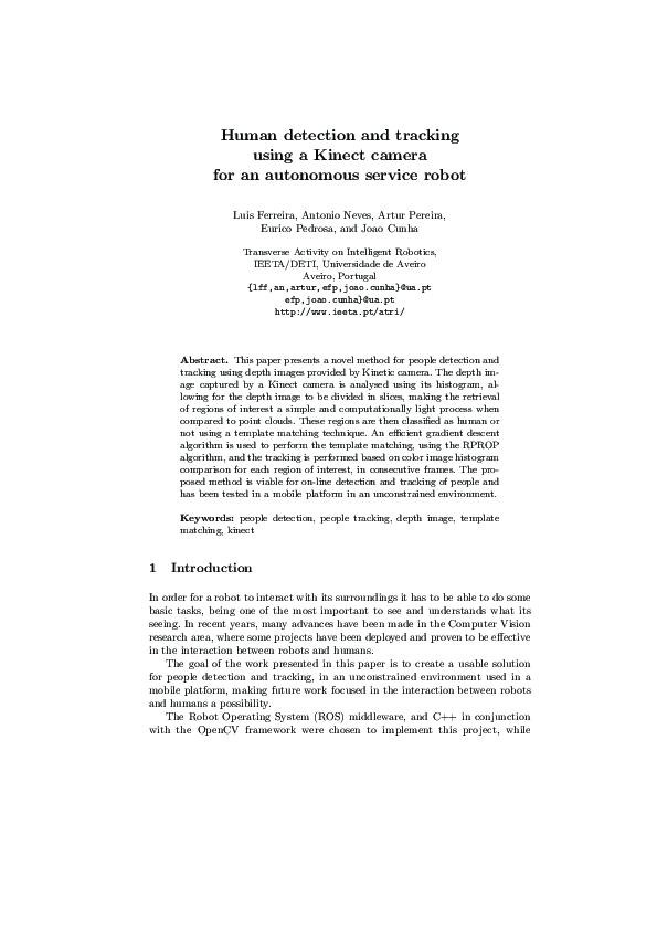 (PDF) Human detection and tracking using a Kinect camera for an autonomous service robot