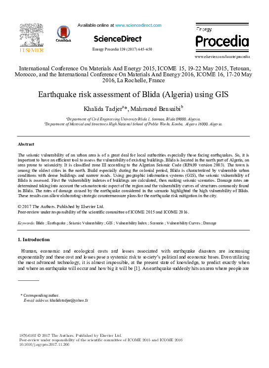(PDF) Earthquake risk assessment of Blida (Algeria) using GIS