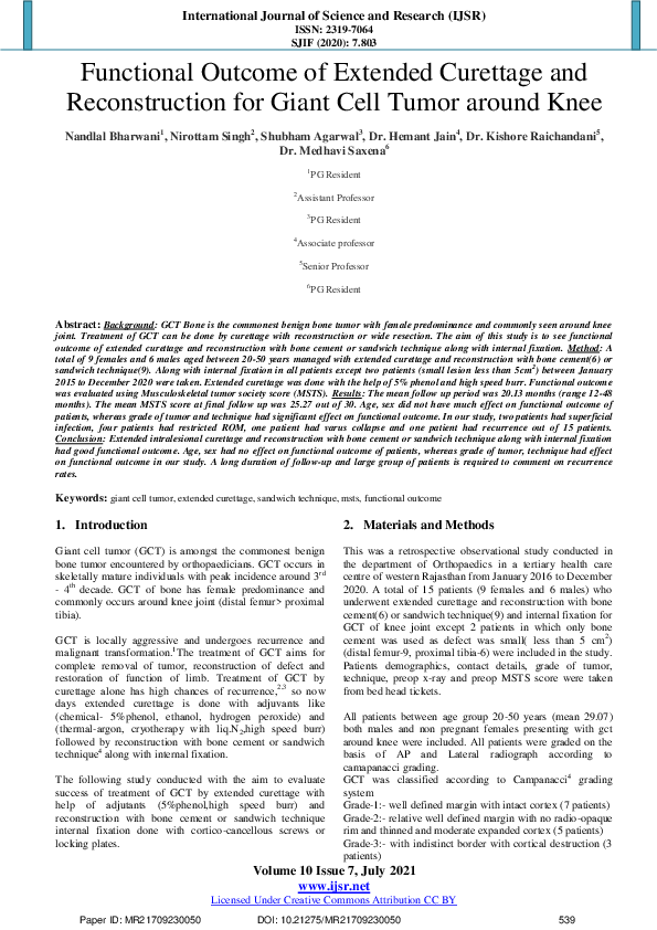 (PDF) Functional Outcome of Extended Curettage and Reconstruction for ...