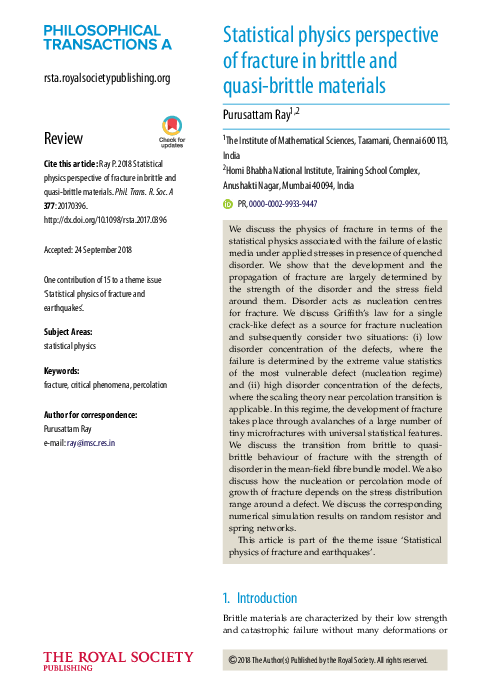 (PDF) Statistical physics perspective of fracture in brittle and quasi-brittle materials