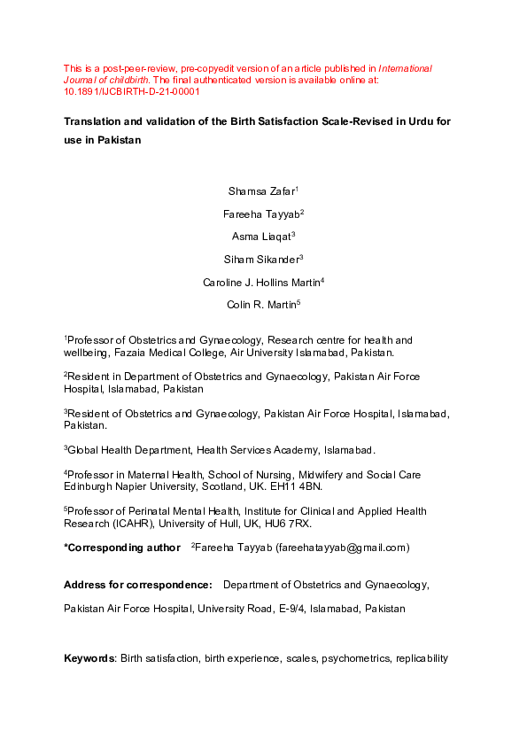 (PDF) Translation and Validation of the Birth Satisfaction Scale-Revised in Urdu for Use in ...