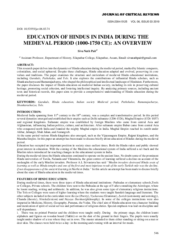 (PDF) EDUCATION OF HINDUS IN INDIA DURING THE MEDIEVAL PERIOD (1000 ...