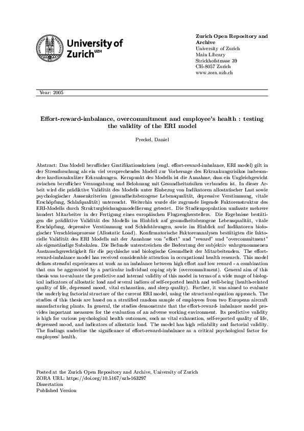 (PDF) Effort-reward-imbalance, overcommitment and employee's health ...