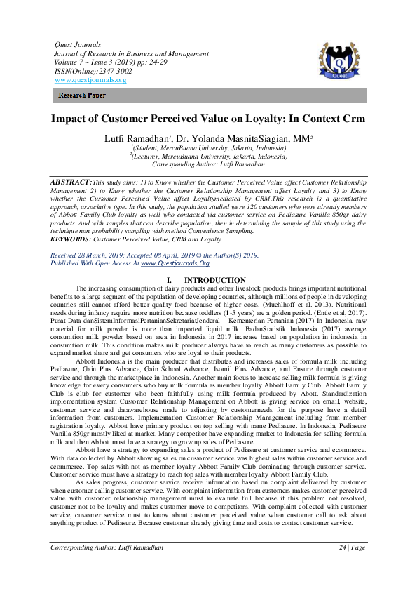 (PDF) Impact of Customer Perceived Value on Loyalty: In Context Crm