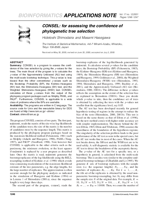 (PDF) CONSEL: for assessing the confidence of phylogenetic tree ...