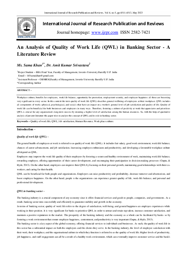 (PDF) An Analysis of Quality of Work Life (QWL) in Banking Sector - A ...