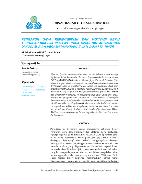 (PDF) Pengaruh Gaya Kepemimpinan Dan Motivasi Kerja Terhadap Kinerja Pegawai Pada Dinas ...