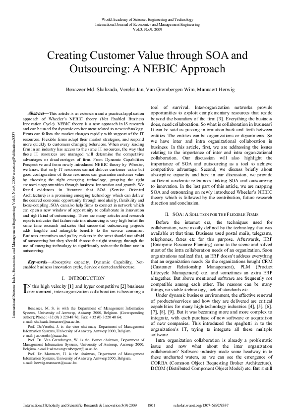 (PDF) Creating Customer Value Through Soa And Outsourcing: A Nebic Approach