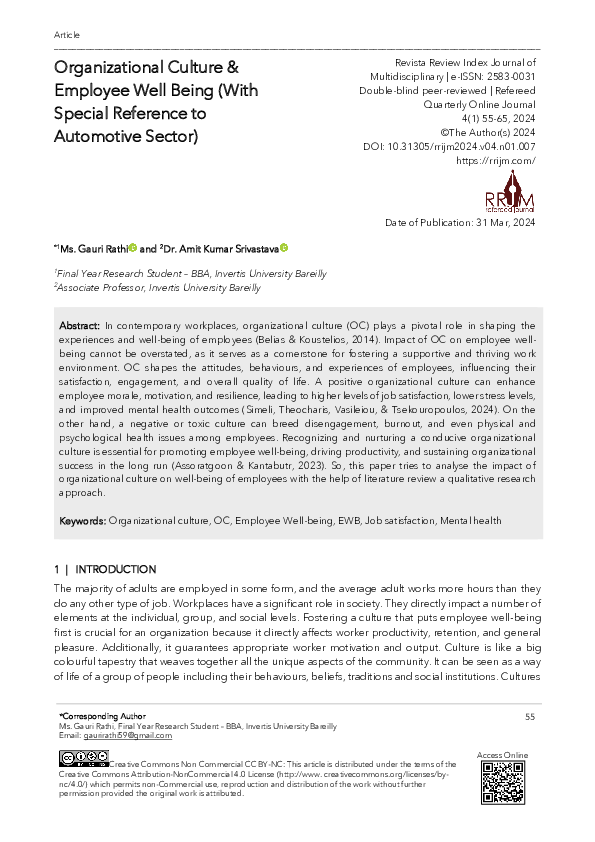 (PDF) Organizational Culture & Employee Well Being (With Special ...