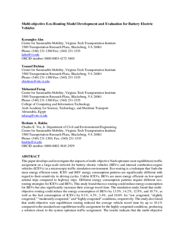 (PDF) Multi-objective Eco-Routing Model Development and Evaluation for Battery Electric Vehicles