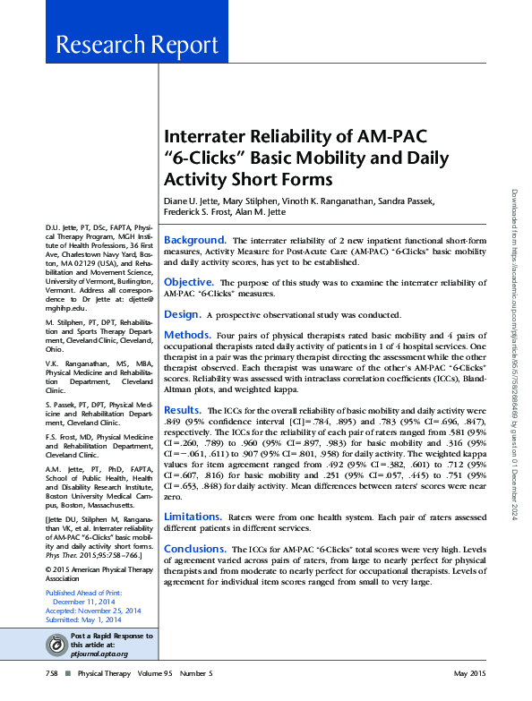 (PDF) Interrater Reliability of AM-PAC “6-Clicks” Basic Mobility and ...